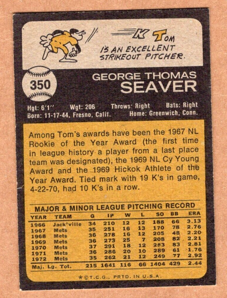 1973 Topps - Tom Seaver - #350 - Very Nice/Sharp Corners! | eBay