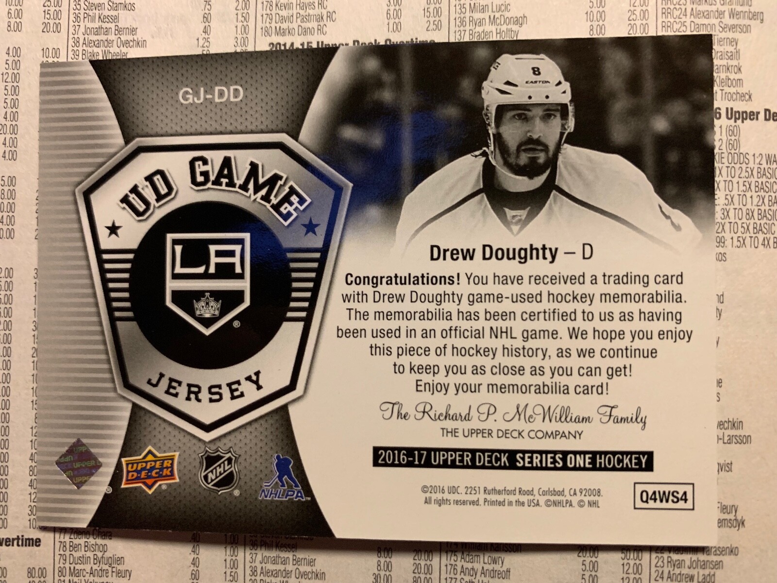 2016-17 Upper Deck - UD Game Jersey #GJ-DD Drew Doughty (MEM) for sale ...