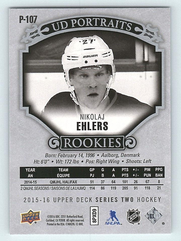 2015-16 Upper Deck Nikolaj Ehlers Rookie Portraits RC Insert #P-107 | eBay