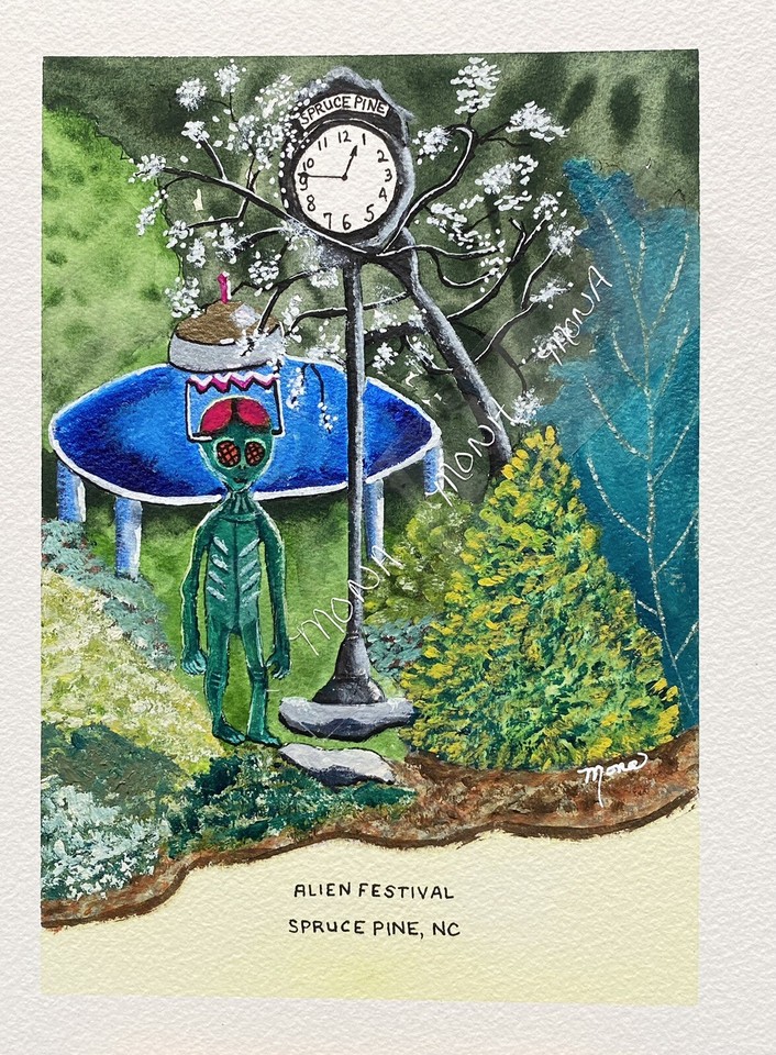 ALIEN FESTIVAL SPRUCE PINE, NC - HAND PAINTED Watercolor & Acrylic ~ 9 ...