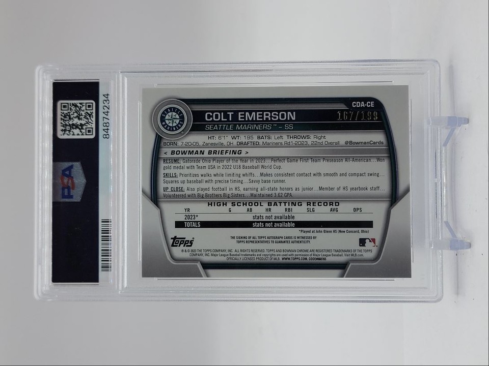 COLT EMERSON 2023 BOWMAN CHROME DRAFT 1ST AQUA LAVA AUTO /199 PSA 9 ...