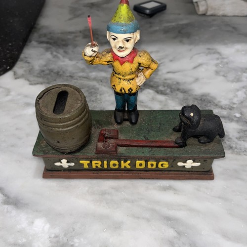 Vintage TRICK DOG / Circus Clown Mechanical Coin Bank Cast Iron Works ...