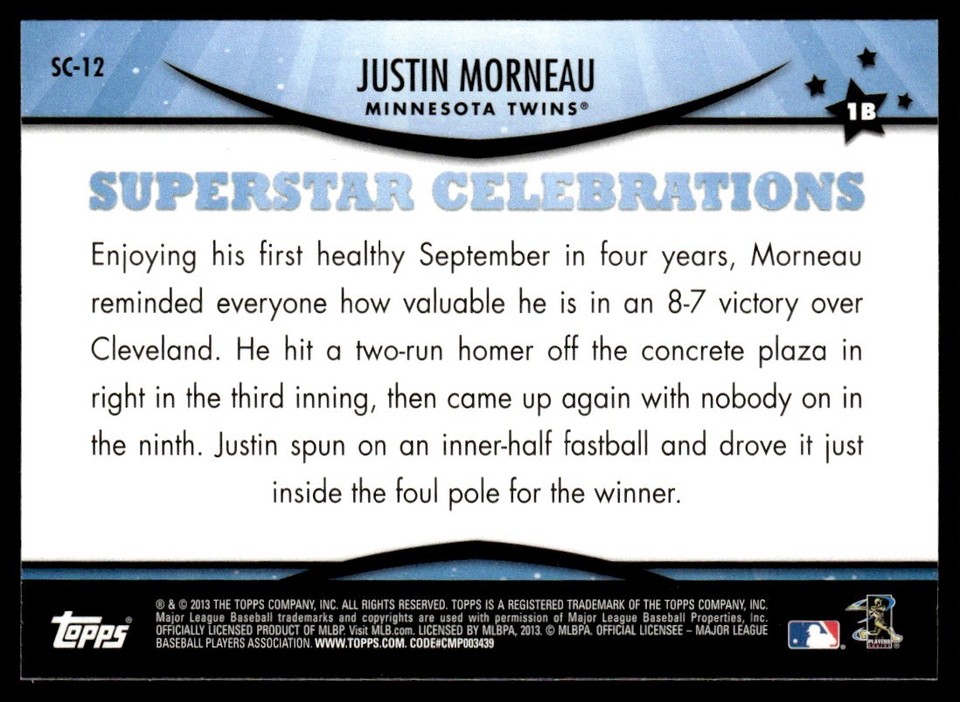 2013 Topps Opening Day Superstar Celebrations Justin Morneau Minnesota ...