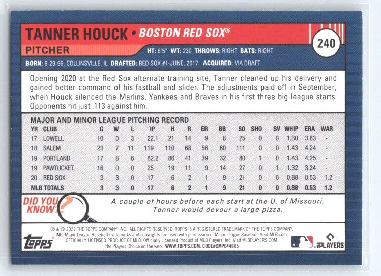 2021 Topps Big League Tanner Houck #240 RC Rookie Boston Red Sox | eBay