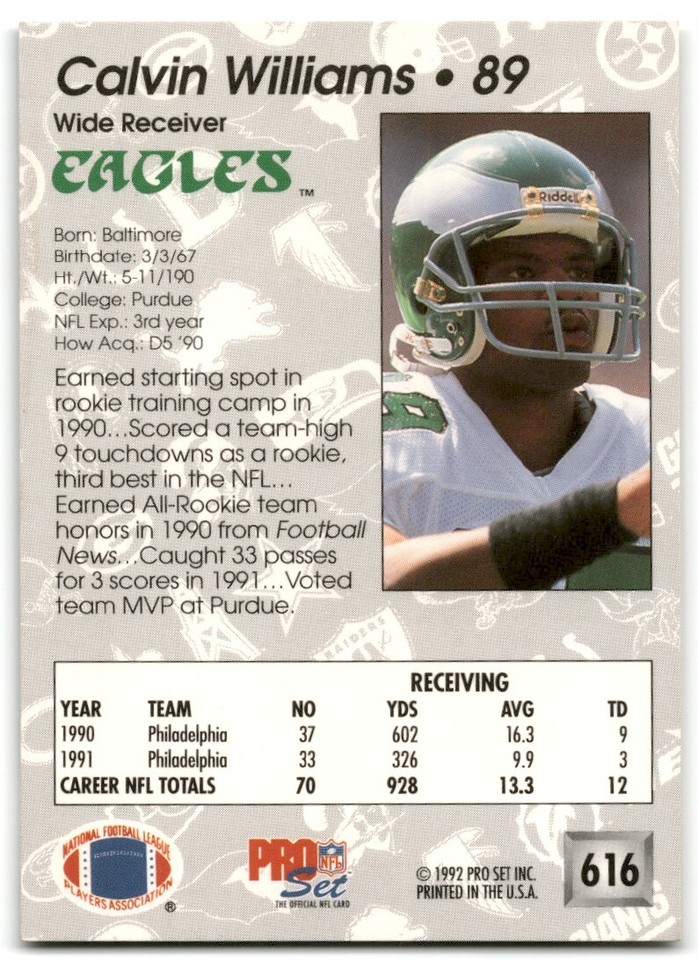 1992 Pro Set Football Card Calvin Williams #616 Philadelphia Eagles | eBay