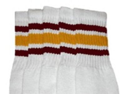 22” KNEE HIGH WHITE tube socks with MAROON/GOLD stripes style 3 (22-15 ...