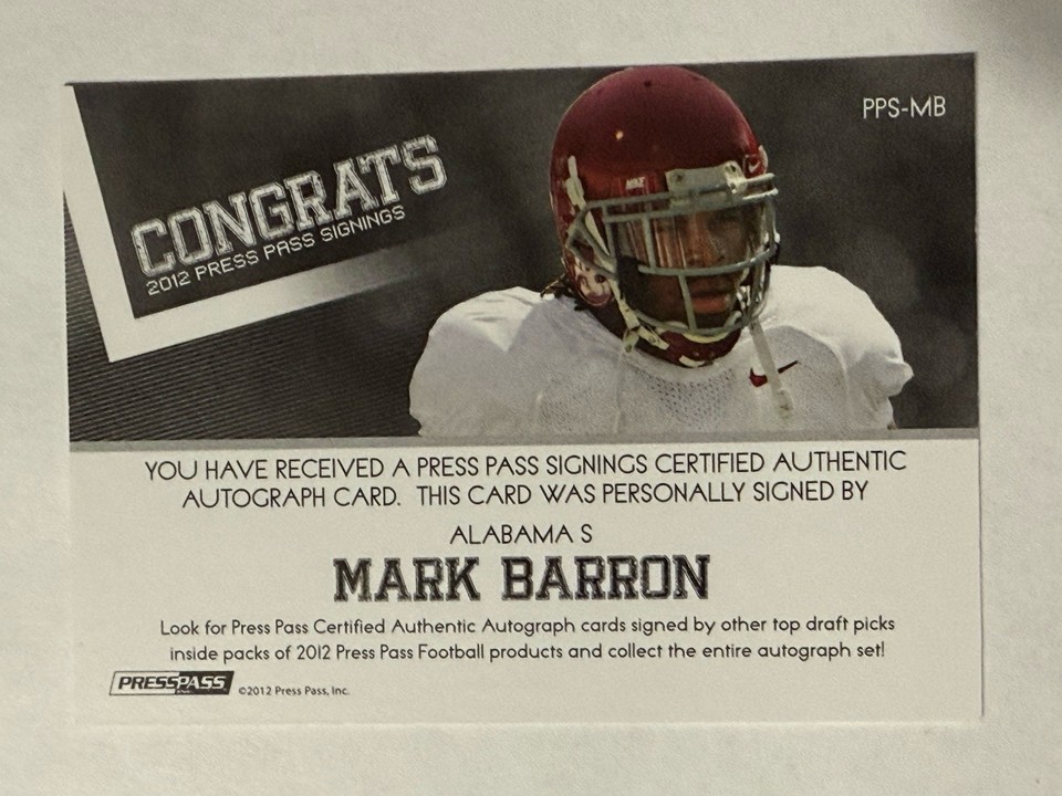 2012 PRESS PASS AUTO MARK BARRON ALABAMA CRIMSON TIDE AUTOGRAPH #'d 009 ...