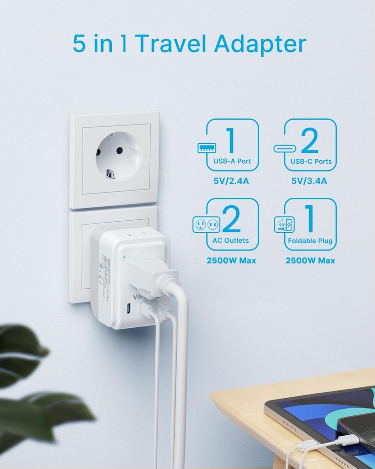 European Travel Plug Adapter, Foldable International Power Plug with 2 ...