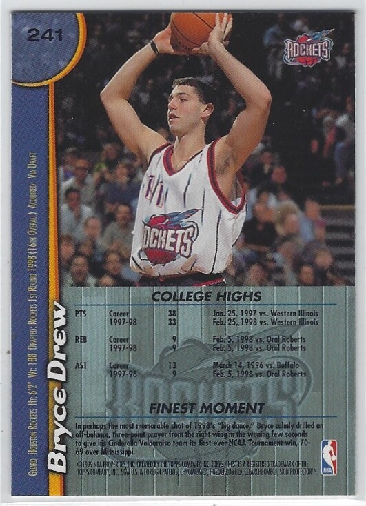 1998-99 TOPPS FINEST BRYCE DREW RC #241 HOUSTON ROCKETS VALPARAISO | eBay