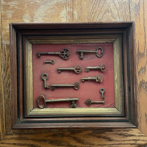 WALNUT FRAME & BRASS KEYS - Primitive collection of 11 brass skeleton ...