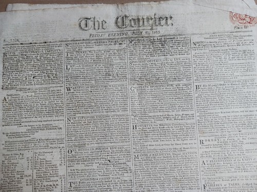 NEWSPAPER - THE COURIER - BATTLE WATERLOO -BONAPARTE SURRENDERS - JULY ...