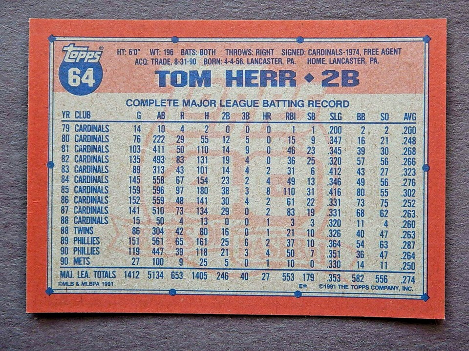 Tom Herr #64 Topps 1991 Baseball Card (New York Mets) | eBay