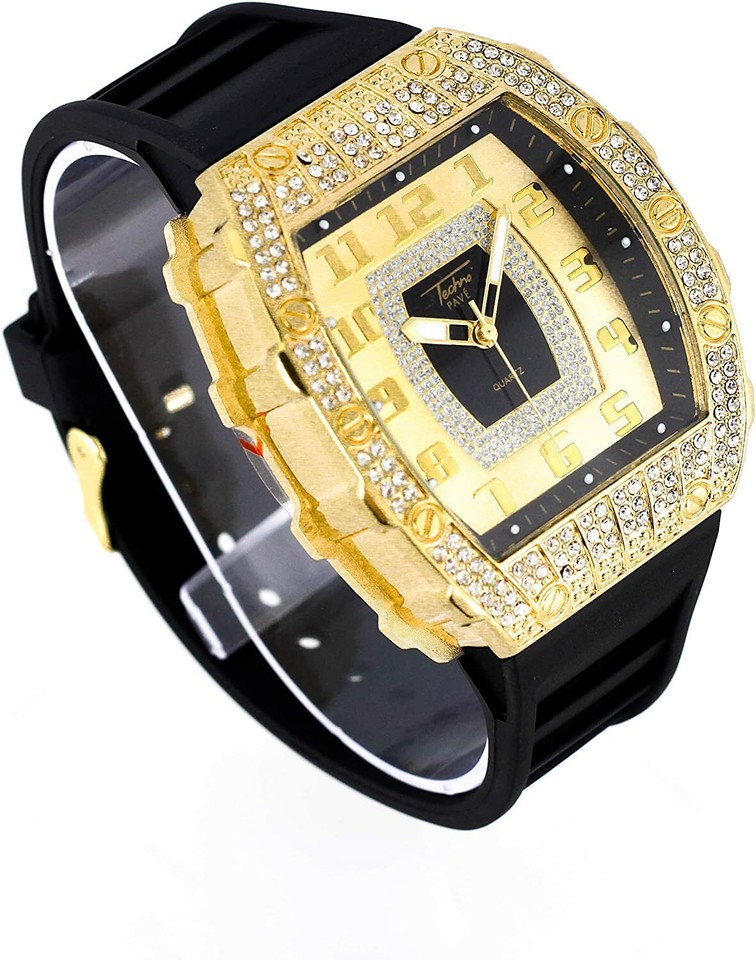 Men Iced Bling Rapper Simulate Lab Diamond Rubber Luxury Rectangle Gold ...