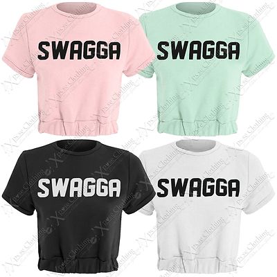 NEW LADIES SWAGGA PRINT CROP TOPS WOMEN FLEECE STRETCH SHORT LOOK ...