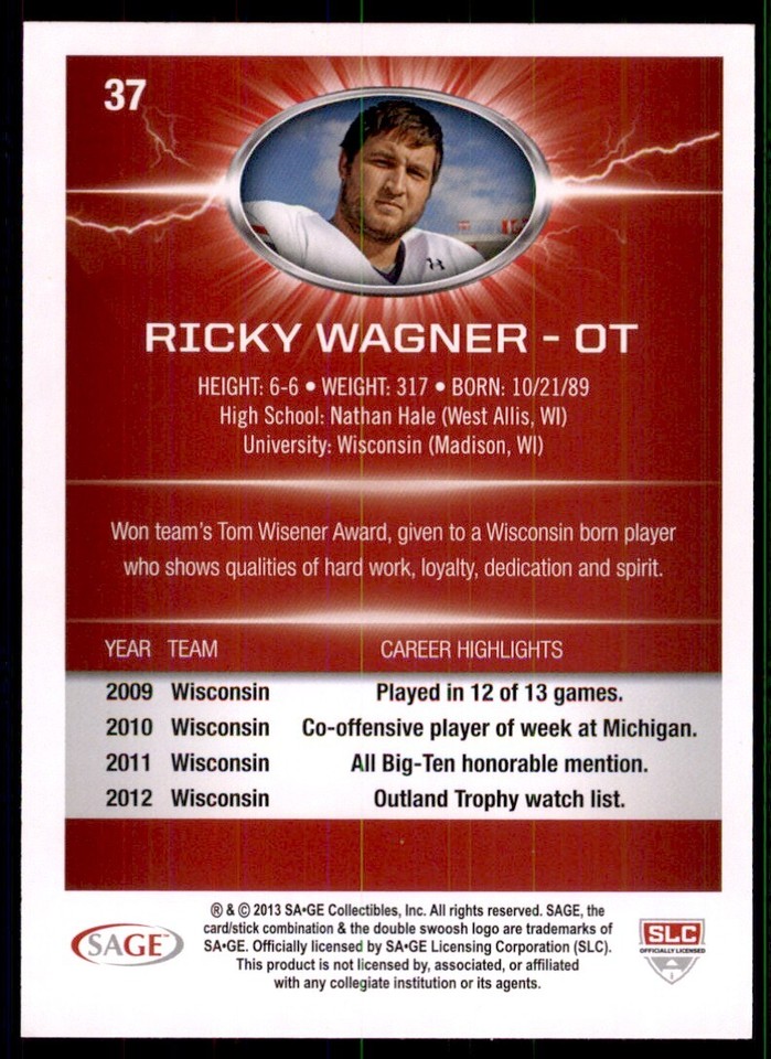 2013 SAGE HIT Silver Ricky Wagner Rookie Wisconsin Badgers #37 NCAA ...