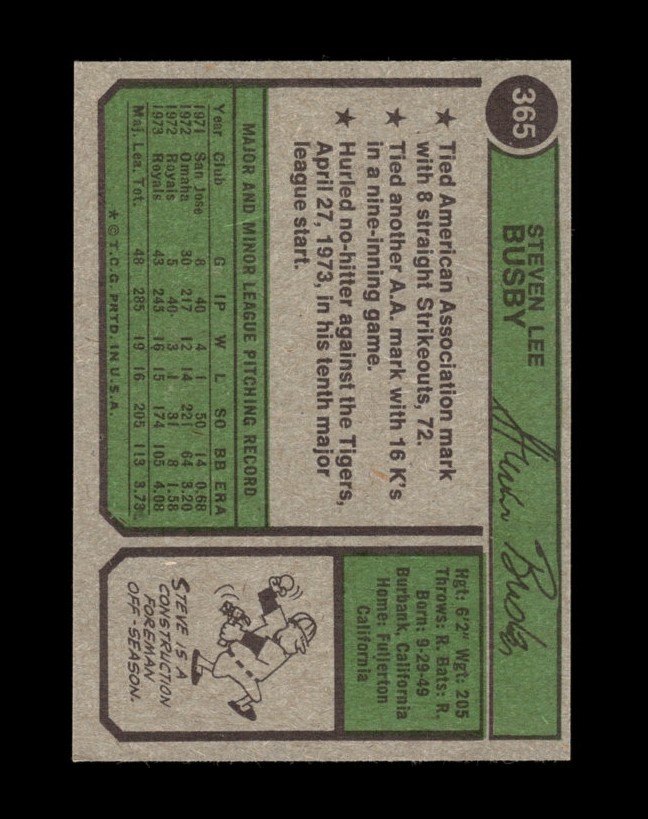 1974 Topps Set-Break #365 Steve Busby NM-MT OR BETTER *GMCARDS* | eBay