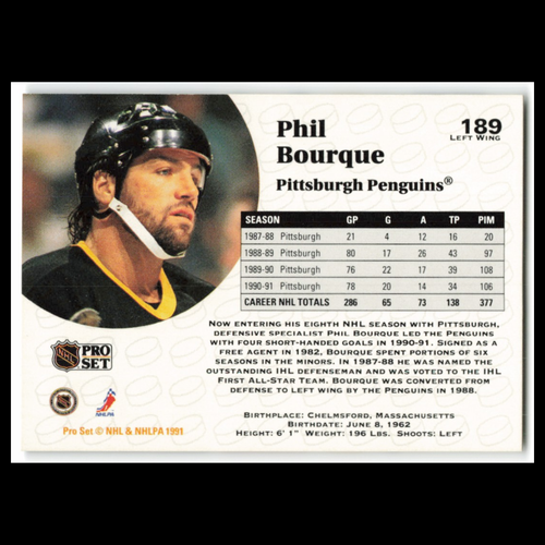 Phil Bourque #189 1991 Pro Set Pittsburgh Penguins Hockey Card NHL NM ...