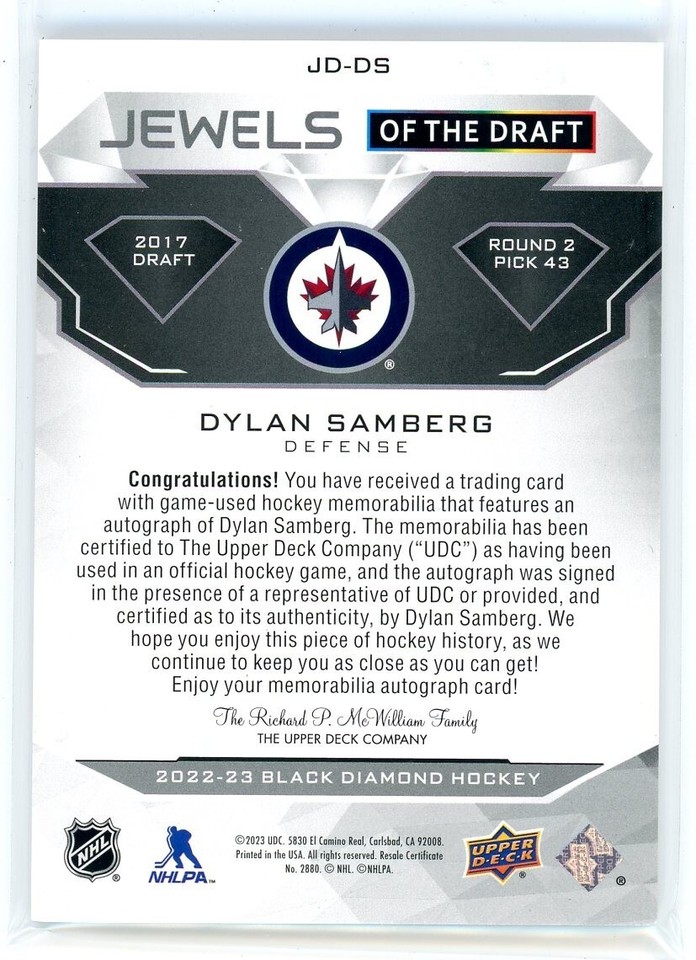 2022-23 UD Black Diamond Jewels Of The Draft Patch/Auto JD-DS Dylan ...