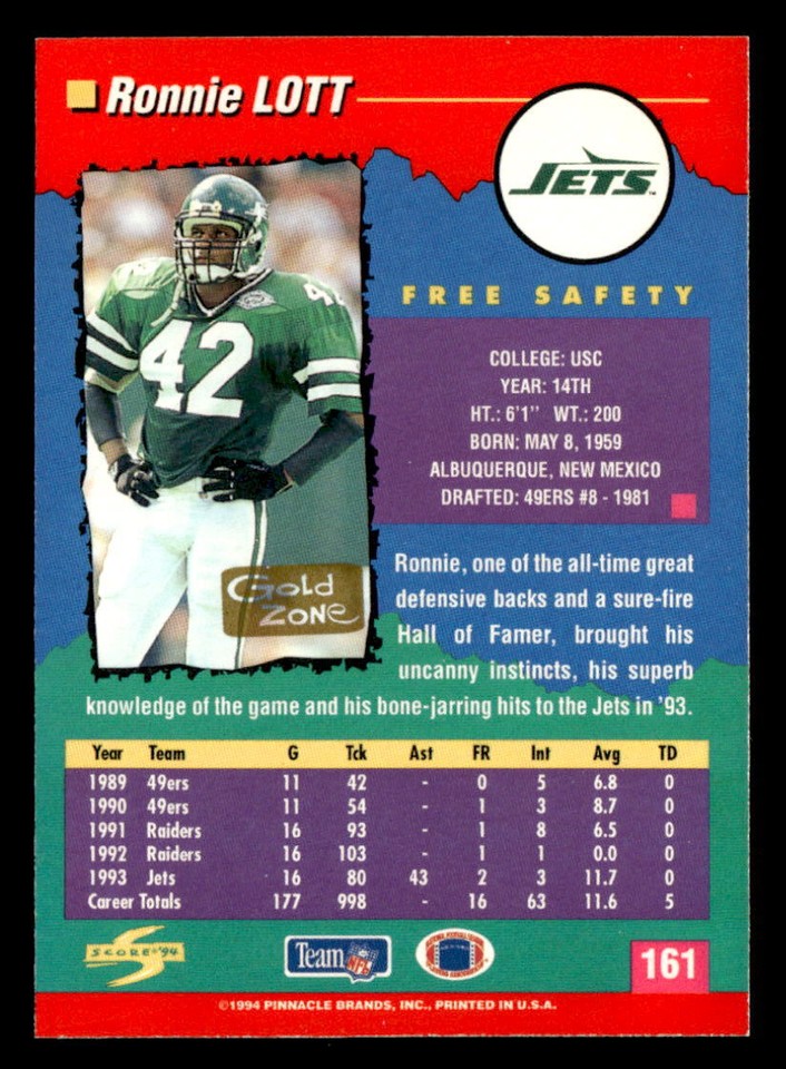 Ronnie Lott 1994 Score Gold Zone Card #161 New York Jets | eBay