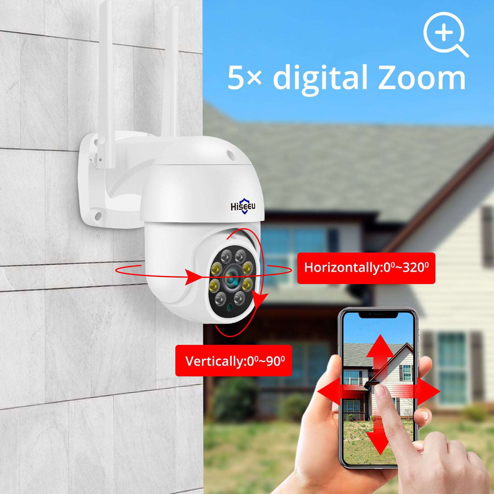 Hiseeu 5MP Outdoor WIFI PTZ Security Camera Dome Full Color Vision Auto ...