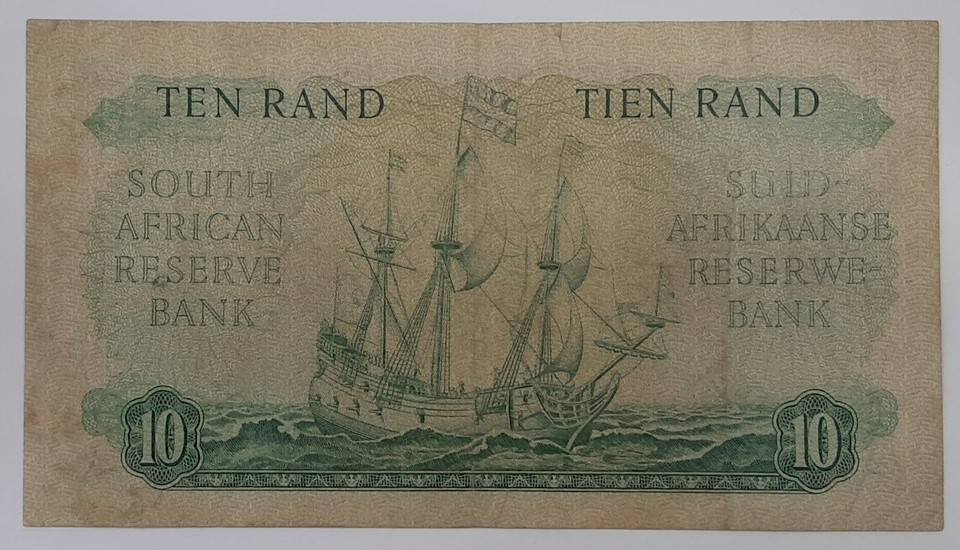 1962-65 Issue South Africa 10 Rand Note/van Riebeeck P#106a - Fine+/VF ...