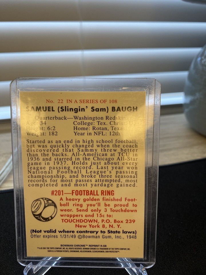 1948 Bowman Chrome Rookie 2001 Reprint Sammy Baugh R-SB | eBay