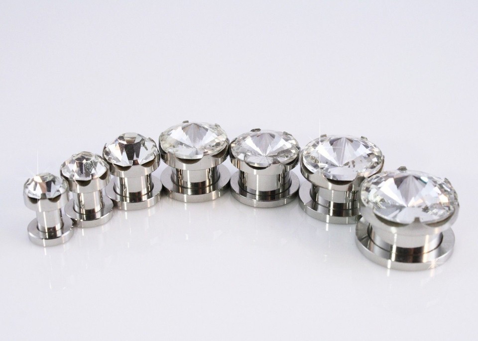 Prong Set CZ Screw Gem Plug Stainless Steel Gauges PAIR 4G 2G 0G 00G 11 ...