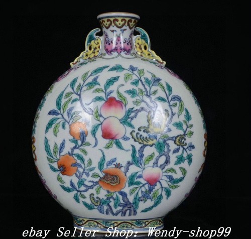 12" Qianlong Marked Doucai Porcelain Bat Pattern Peach 2 Ears Flower ...