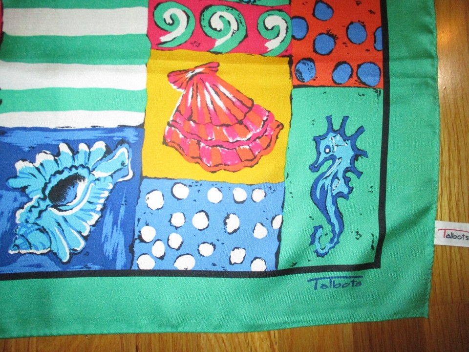 Vtg Talbots colorful Green Seahorses Starfish Fish 100% Silk Square ...
