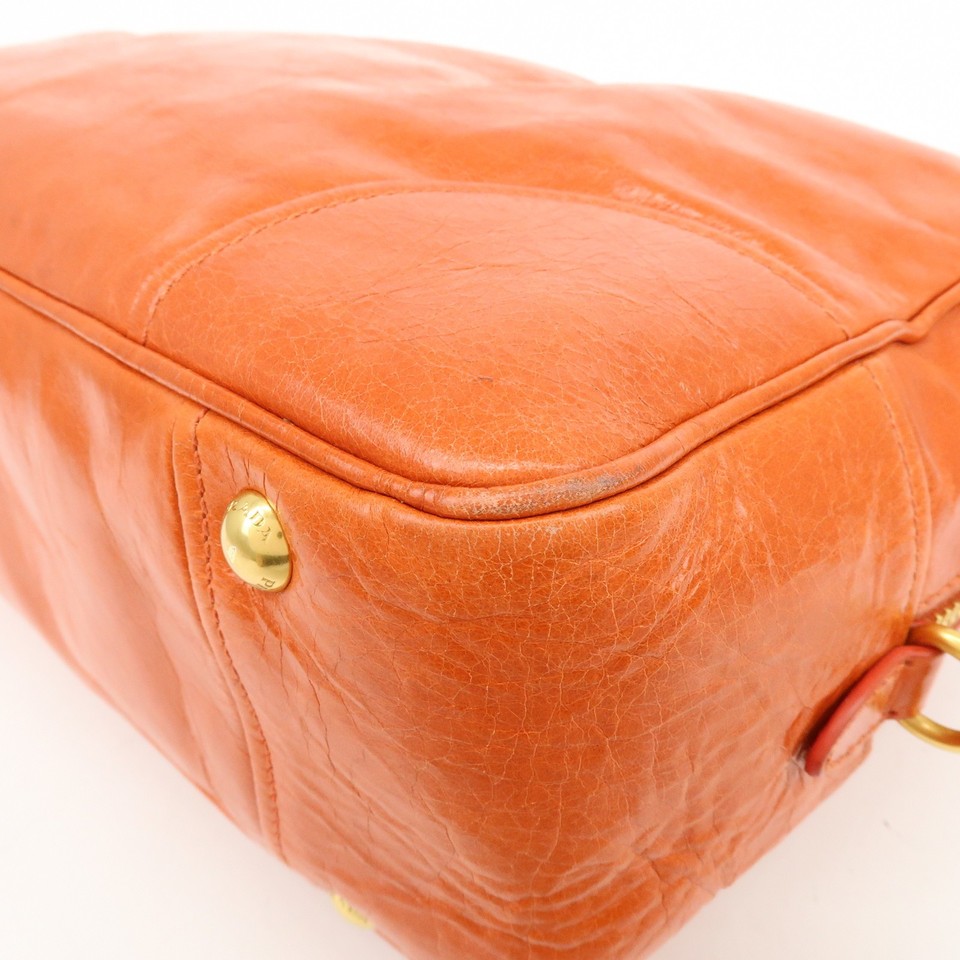 PRADA Logo Leather Boston Bag Hand Bag Shoulder Bag Orange BL0821 Auth ...