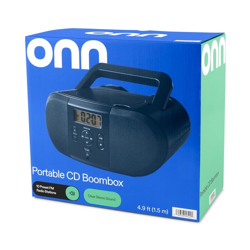 onn. Portable CD Boombox with Digital FM Radio, Navy 3.5 mm headphone ...