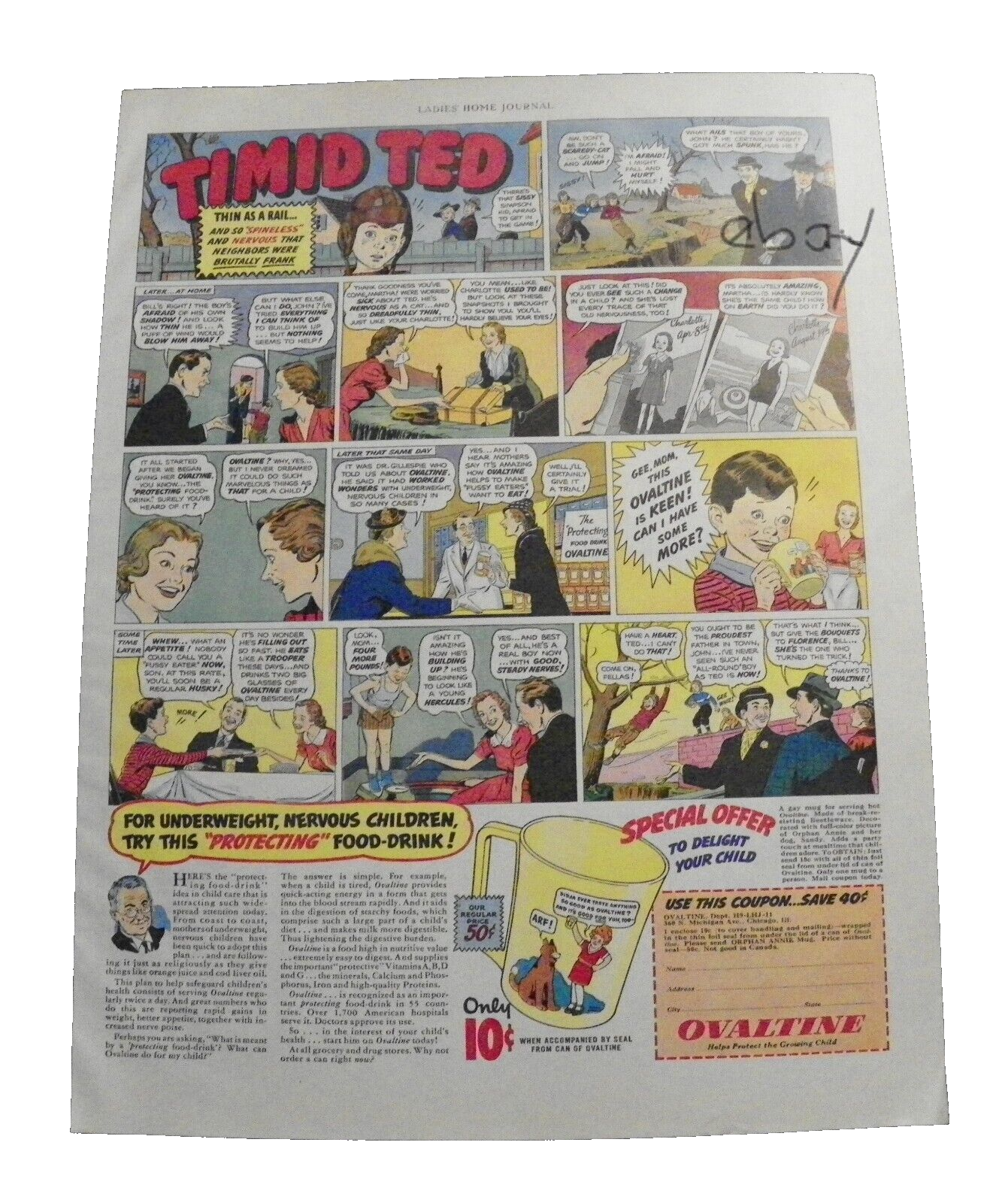 1939 Ovaltine Color Ad Timid Ted Comic Little Orphan Annie Mug Premium | eBay