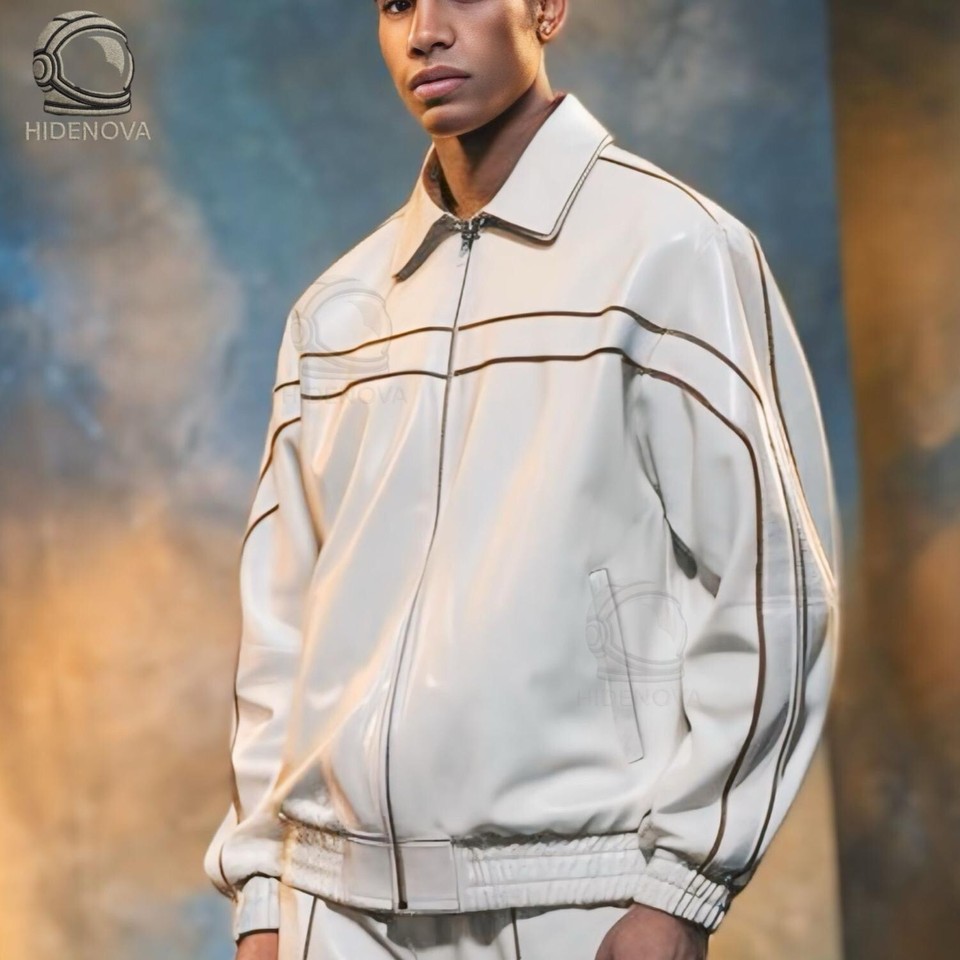 Men’s Real 100% Lambskin Leather Tracksuit Set White Sweatsuit Outfit ...