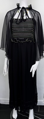 Vintage Jean Varon Black Chiffon Evening Maxi Strappy Dress With Cape ...