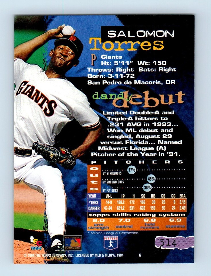 1994 Topps Statium CLub Salomon Torres San Francisco Giants #314 | eBay