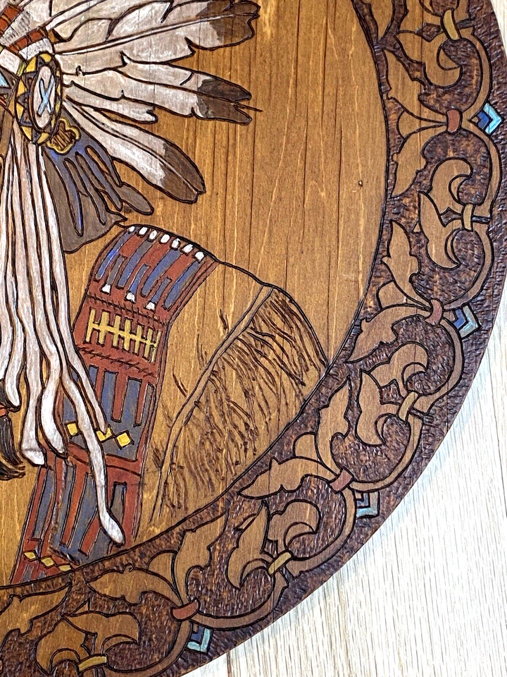 Massive Antique Pyrography Flemish Art 18" Plaque Native American Date ...