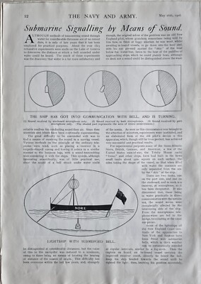 1906 MILITARY PRINT SUBMARINE SIGNALLING BY SOUND LIGHTSHIP BELL ...