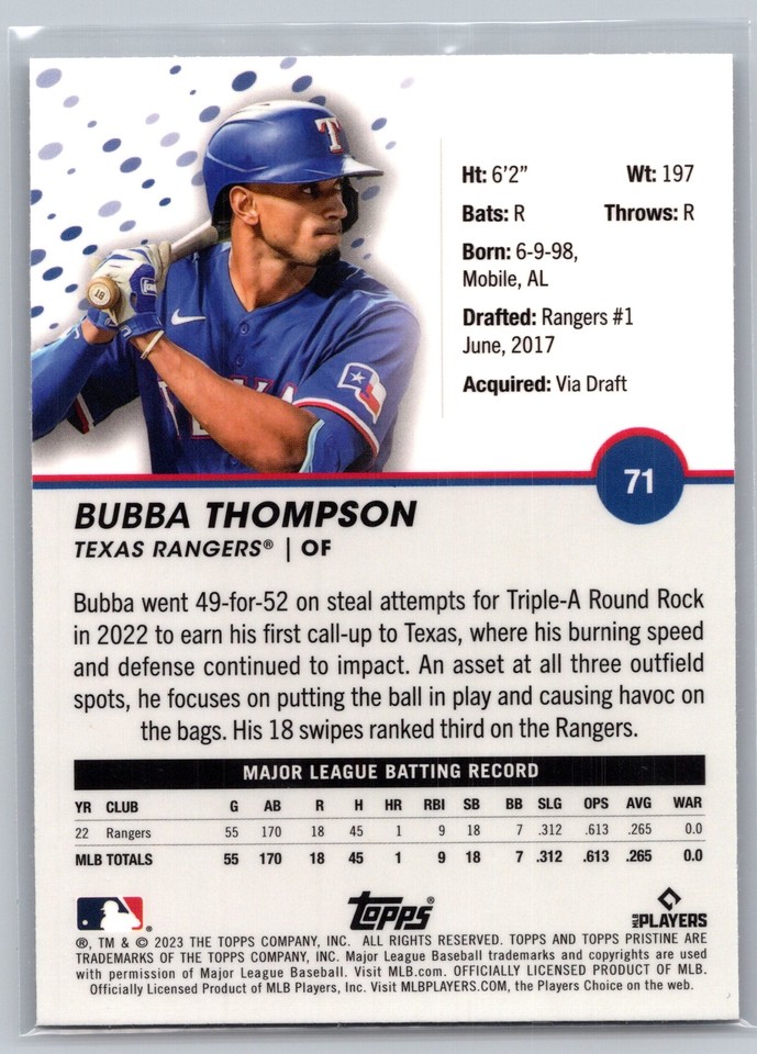 2023 Topps Pristine Bubba Thompson Rookie #71 Texas Rangers | eBay