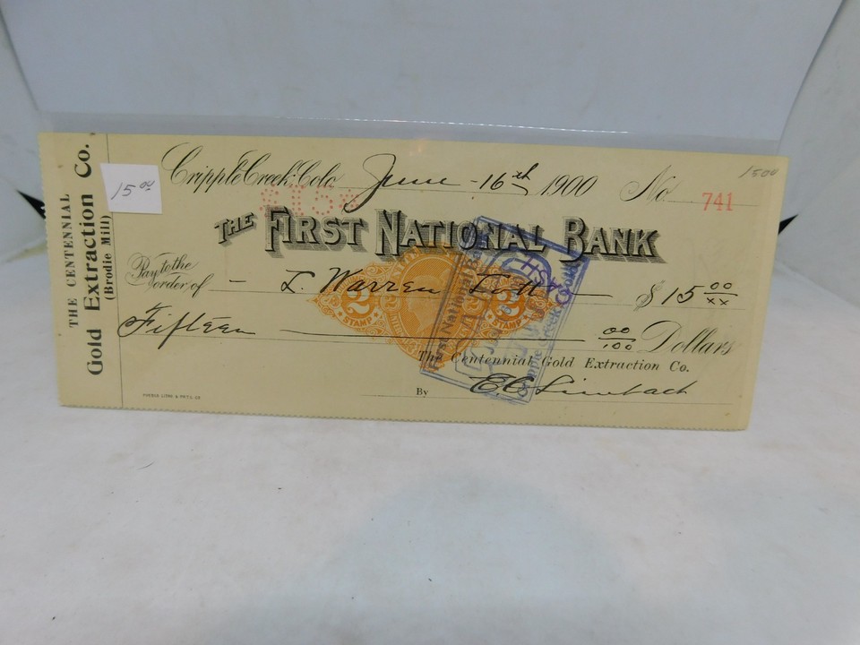 Vintage Bank Checks, The First National Bank, Cripple Creek Colo. 1900 ...