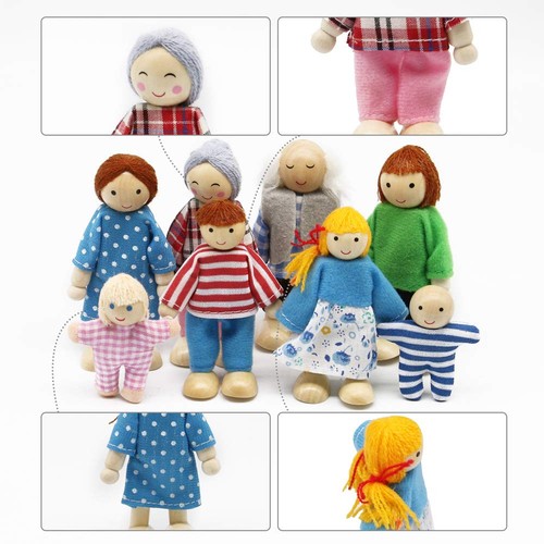 Lovely Family Dollhouse Dolls Set of 8 Wooden Figures, Kids Girls Happy ...