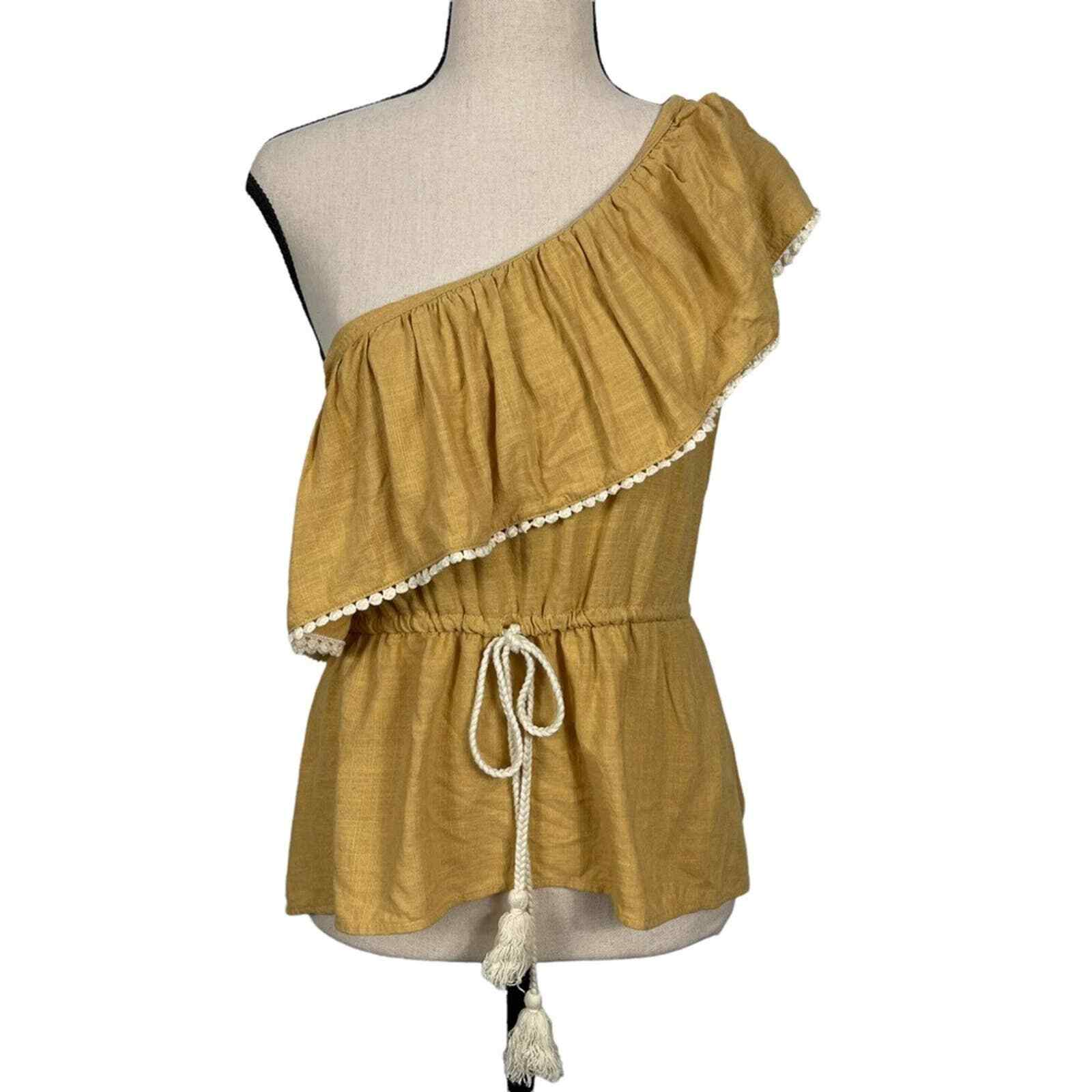 Zara Linen Blend One Shoulder Ruffle Tie Waist Top Si… - Gem