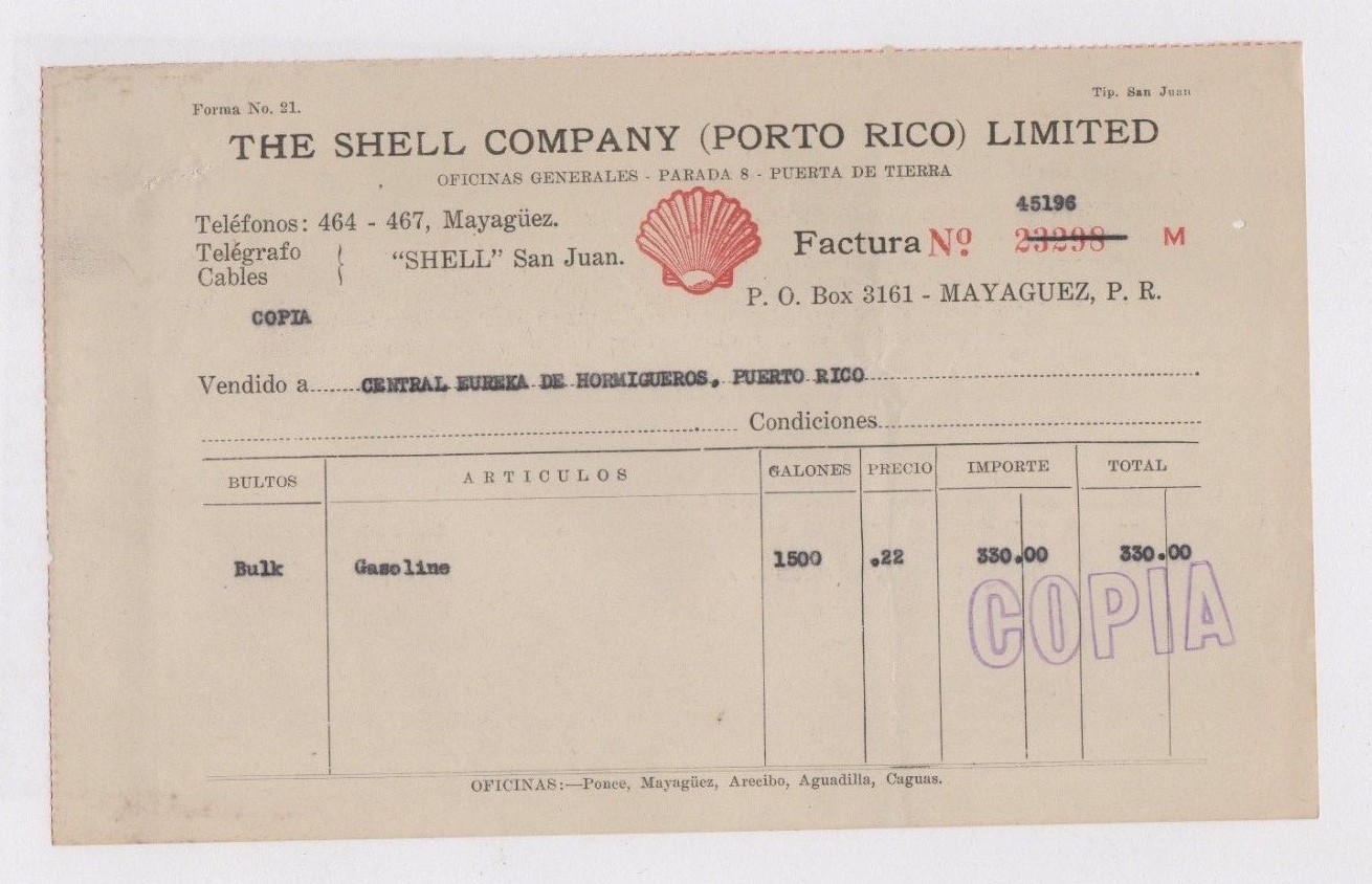 VTG COMMERCIAL INVOICE / THE SHELL CO. PORTO RICO / PUERTO RICO 1940's ...