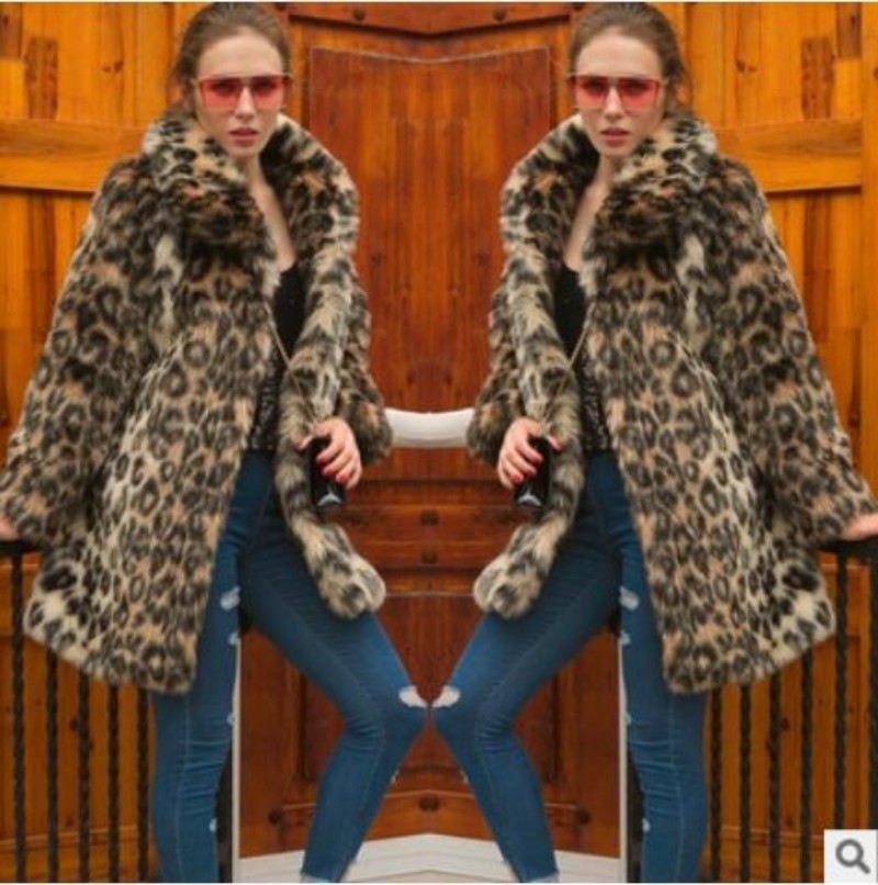 Womens rabbit mink fur coat Chic long sleeve winter warm leopard print ...