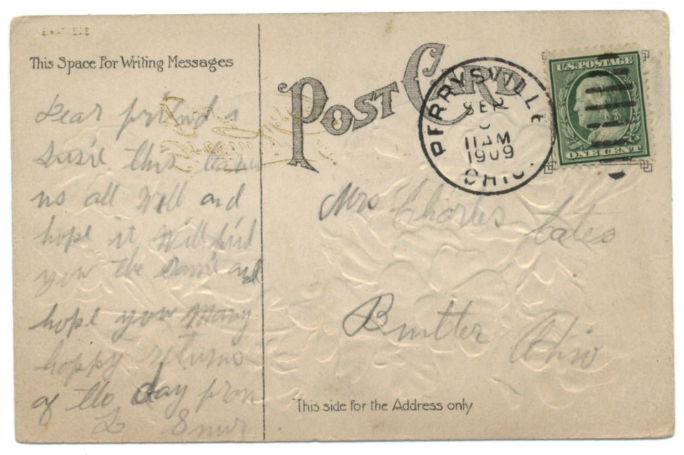 BIRTHDAY pansies embossed 1909 CHARLES CATES Butler OH to Perrysville ...