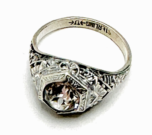 ANTIQUE UNCAS 925 STERLING SILVER ART DECO Paste STATEMENT RING SIZE 5. ...