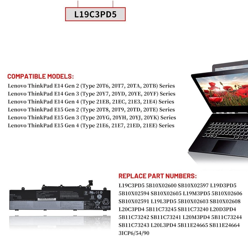 L19M3PD5 L19C3PD5 Battery For Lenovo ThinkPad E14 E15 Gen 2 3 4 2020 ...