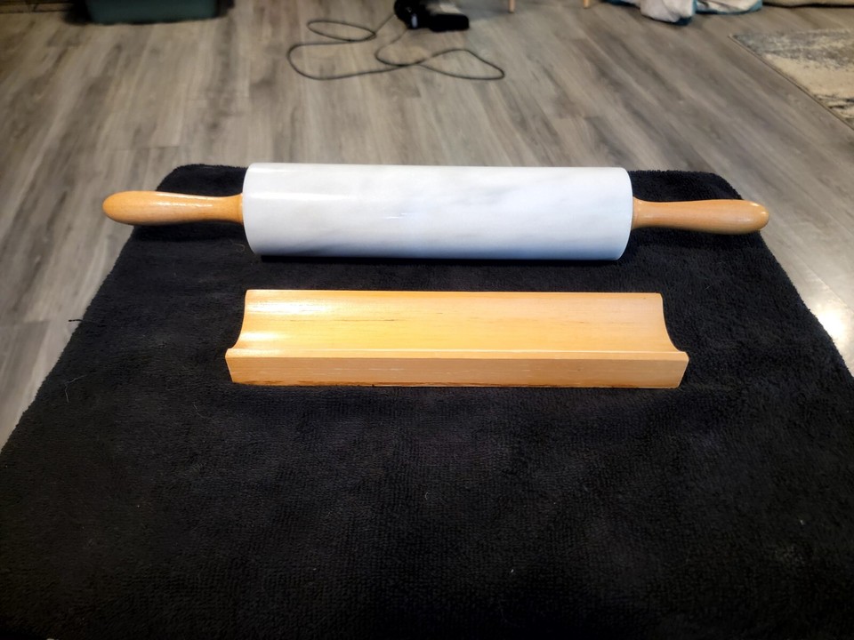 Vintage Marble White/gray Rolling Pin w/wood handles/Stand Non porous ...