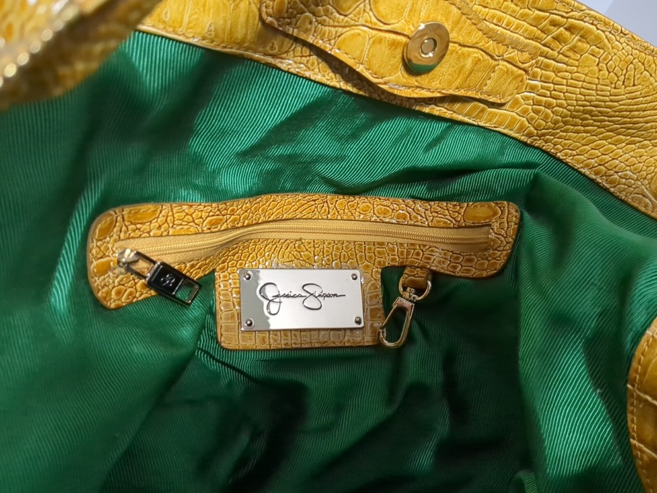 Jessica Simpson XL Tote Yellow Crocodile Pattern With Emerald Lining ...