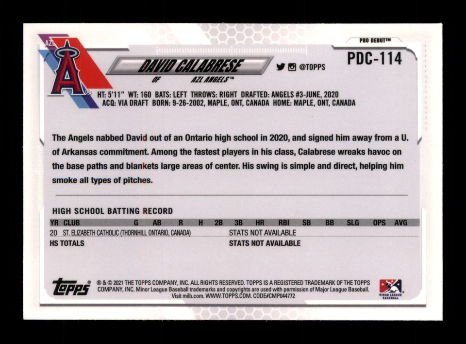2021 Topps Pro Debut Chrome #PDC-114 David Calabrese AZL Angels ...