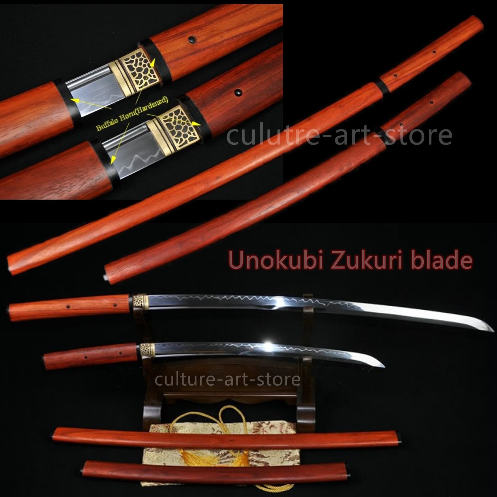 Clay tempered T10 steel Unokubi Zukuri Blade Japanese Rosewood ...